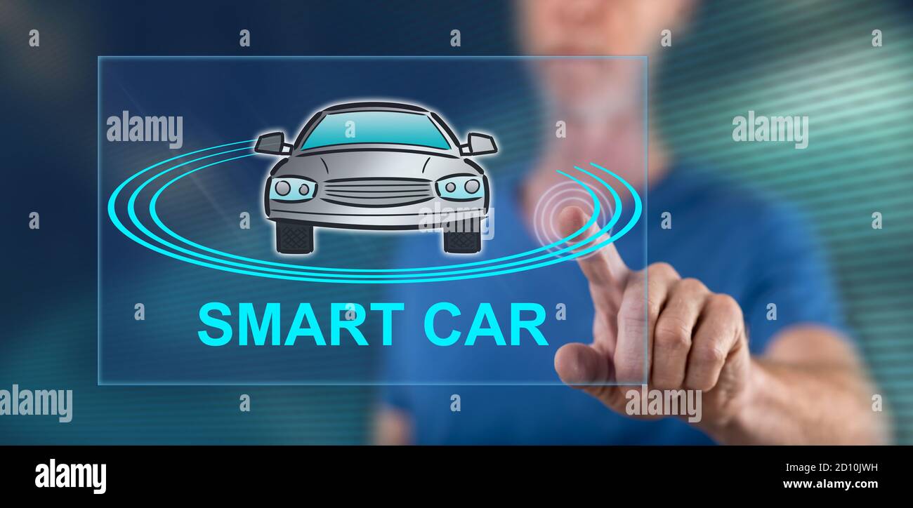Man touching a smart car concept on a touch screen with his finger ...