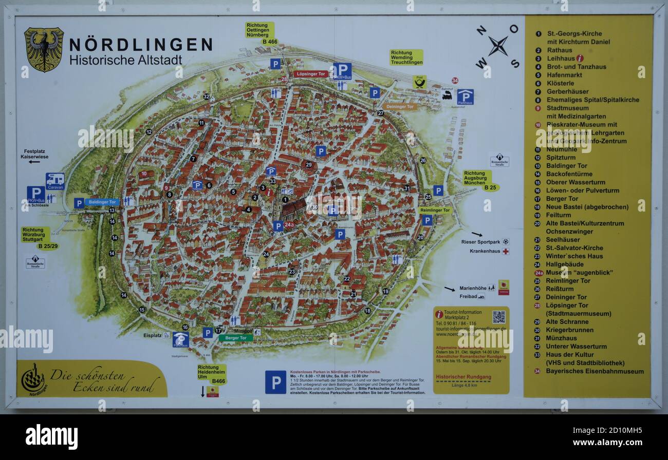 Bavarian town of Nordlingen, ringed by medieval stone walls encrusted ...