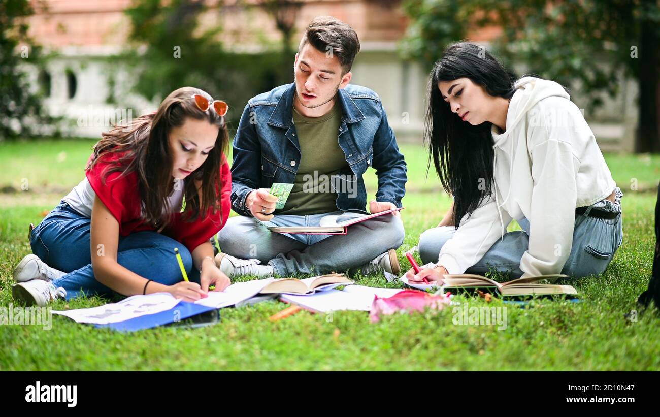 Students sitting on the grass and studying together at the park Stock ...