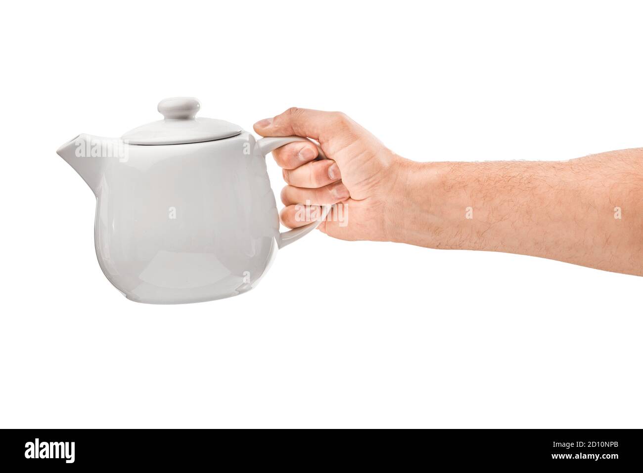 male hand holds a white teapot, isolated Stock Photo - Alamy