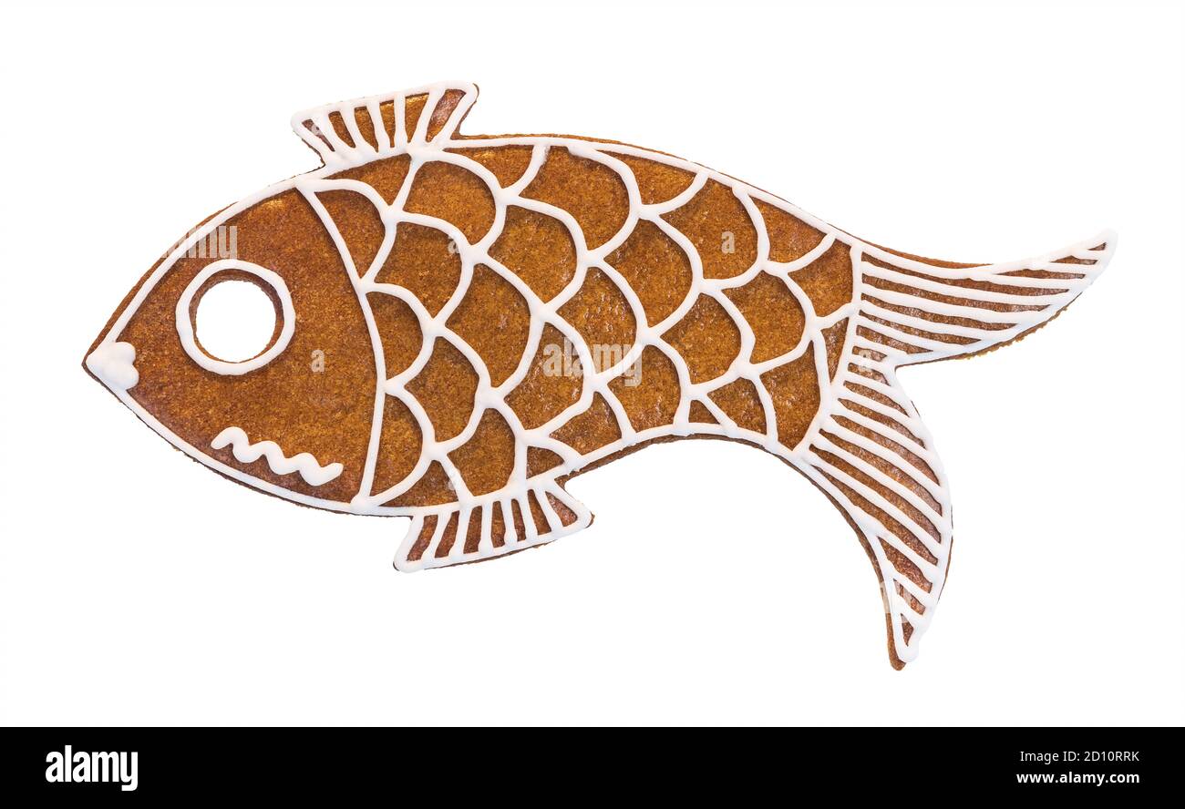 Cute baked gingerbread cookie in fish shape. Aromatic sweet biscuit ...