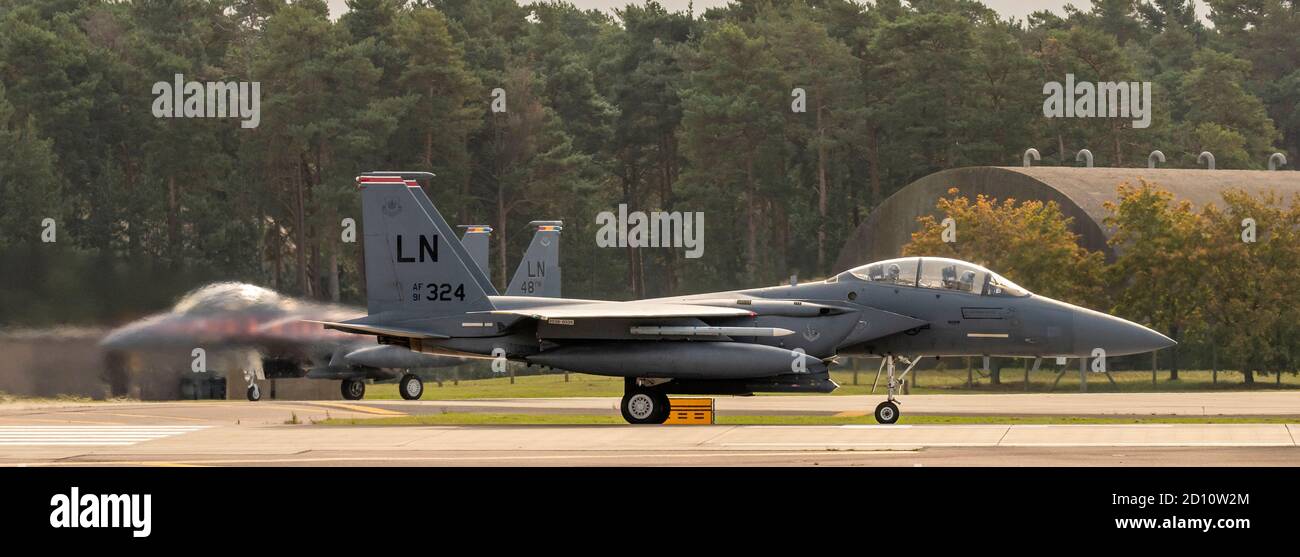 494th "Black Panthers" F-15 Eagle Squadron light the burners, engines ...