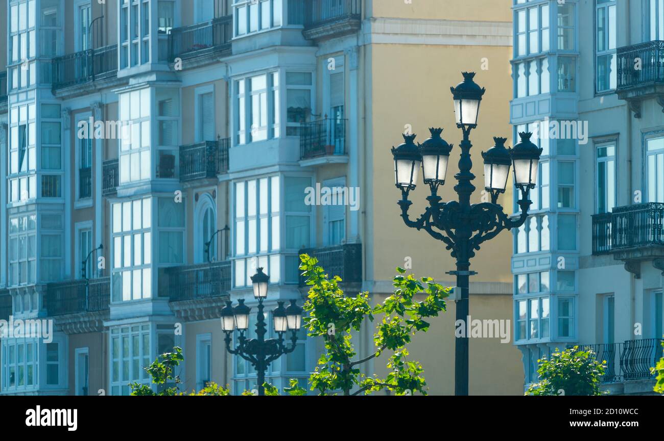 Traditional glass- covered balconies, Santander, Cantabria, Spain ...