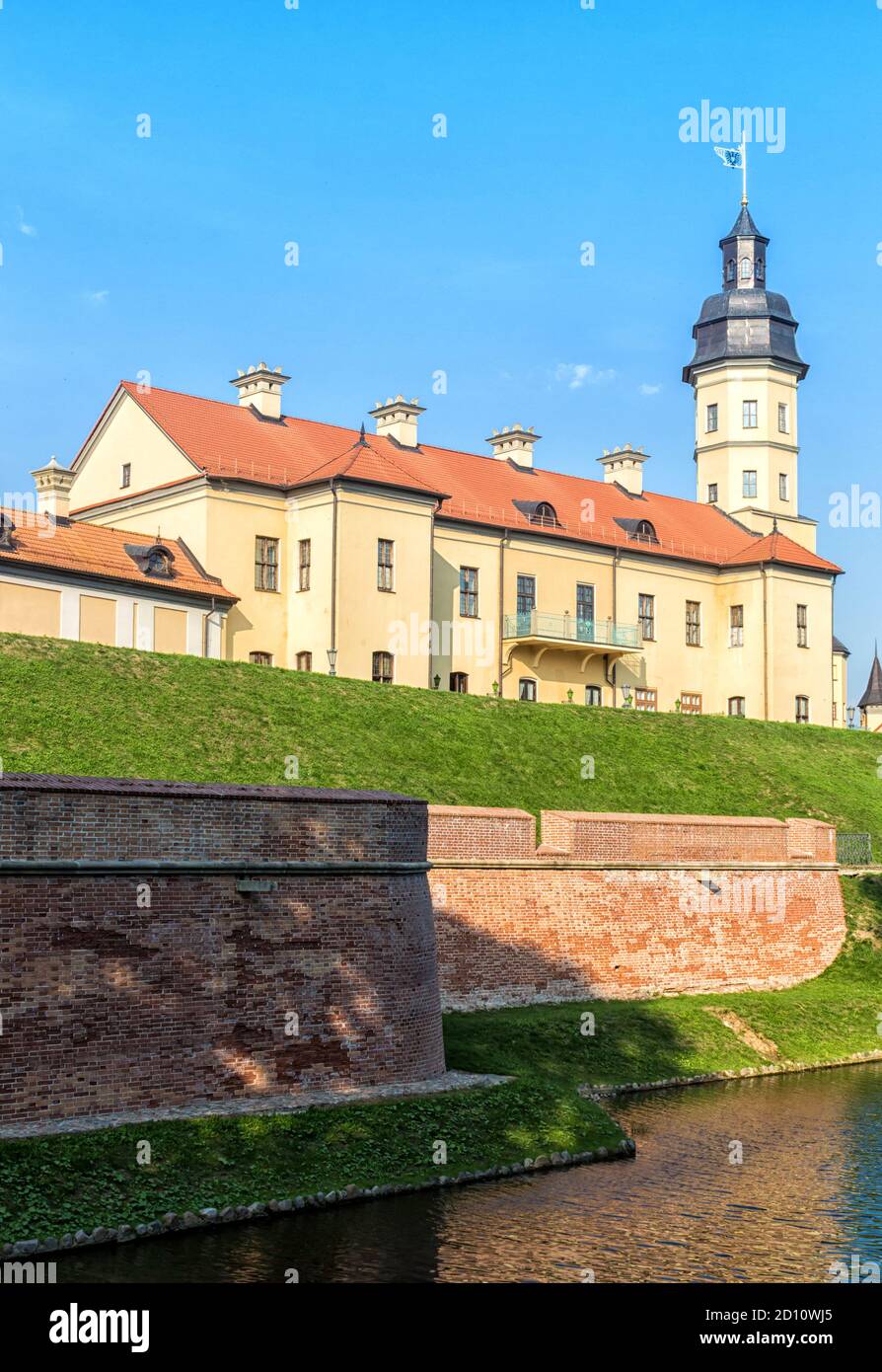 Ancient restored castle with a moat in the Nesvizh city. Belarus Stock ...