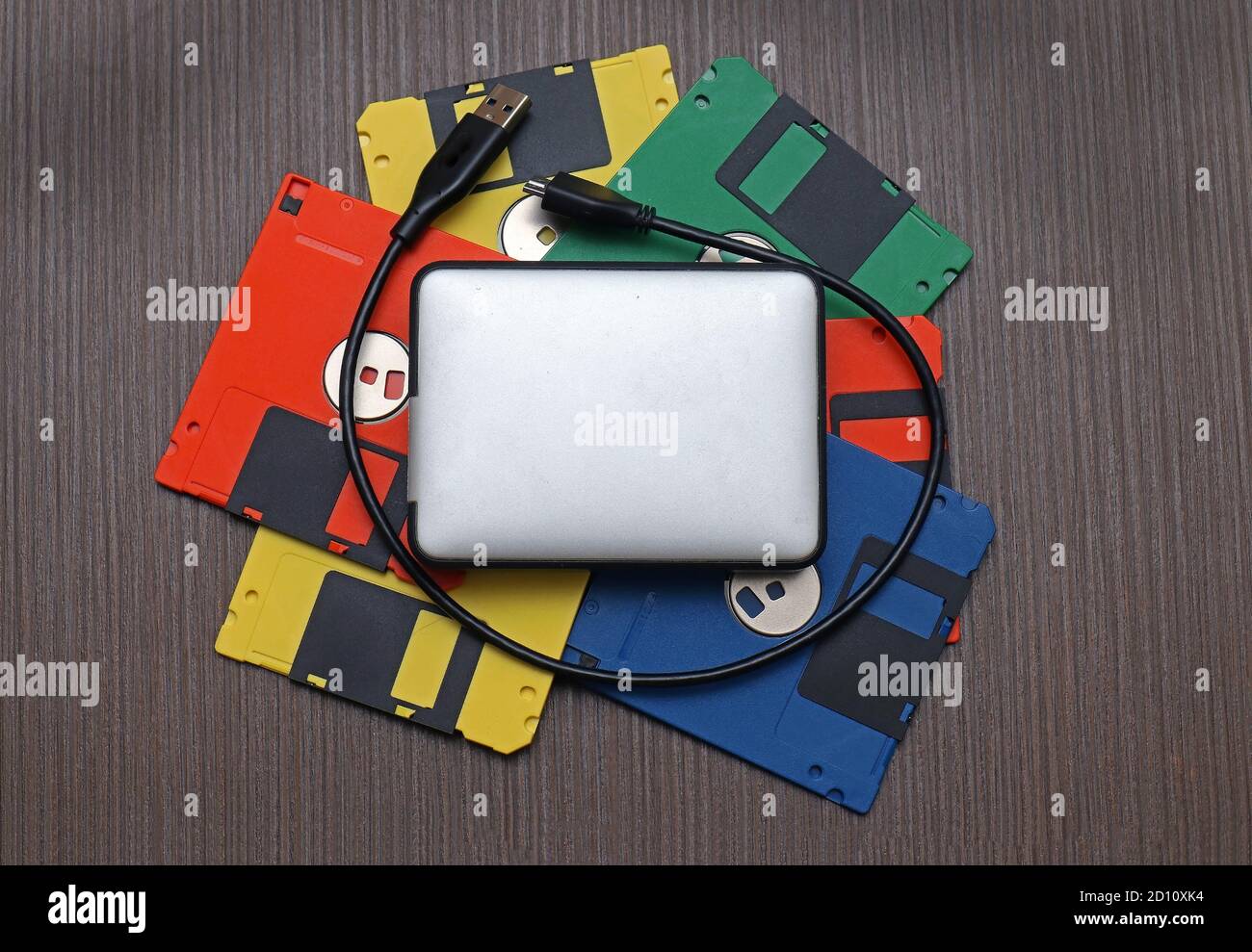 Retro colorful floppy disks stack with modern external hard drive on ...