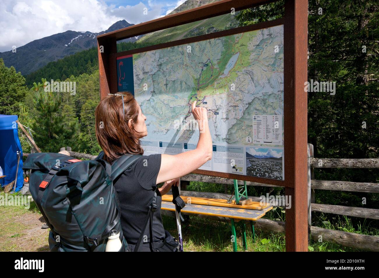 Trekker checking a map sign in Martell valley (Martelltal), Bolzano ...