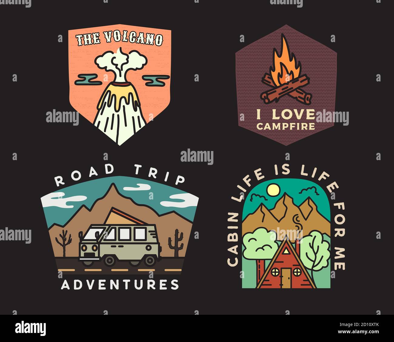 Vintage mountain camp badges logos set, Adventure stickers. Hand drawn ...