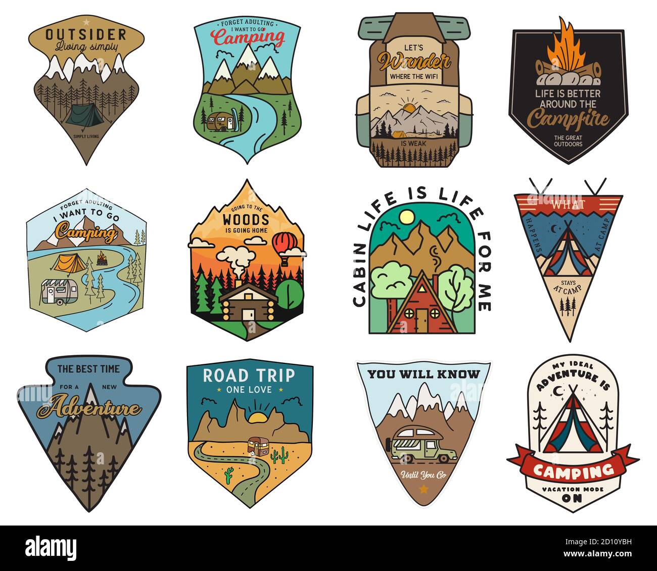 Camping adventure badges logos set, Vintage travel emblems. Hand drawn ...