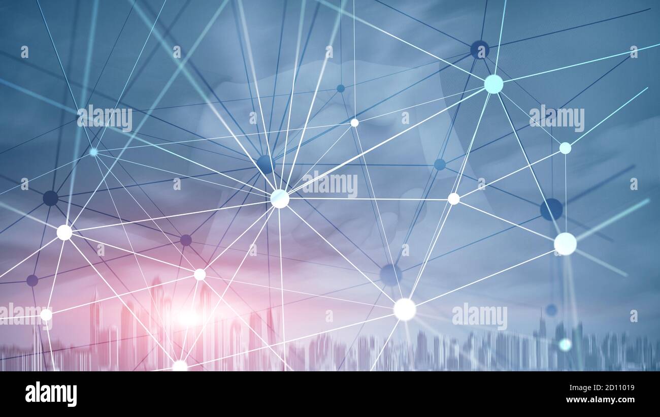 Blockchain network on blurred skyscrapers background. Financial ...