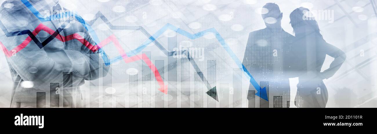 Market falling concept. Black blue and red down arrows bar chart stock ...