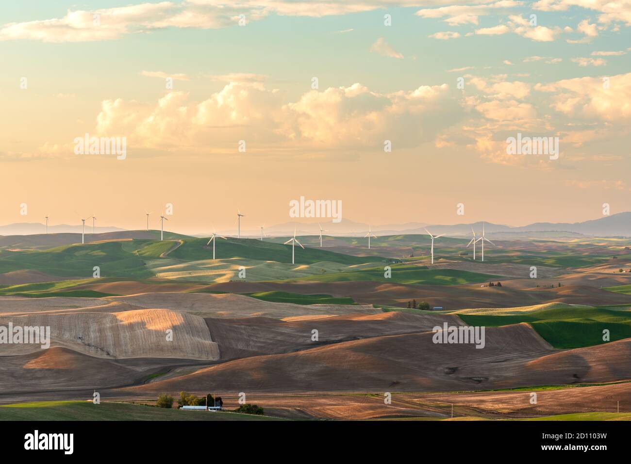 Wind turbines in the rolling hills of the Palouse agricultural region ...