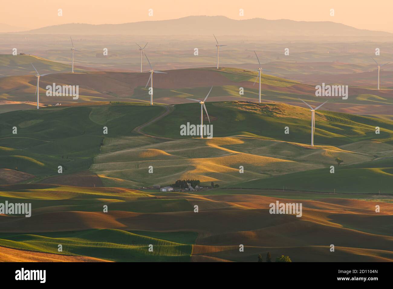 Wind turbines in the rolling hills of the Palouse agricultural region ...