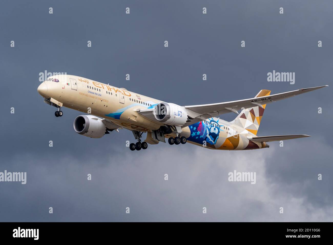 Etihad Boeing 787 -9 Dreamliner jet airliner plane taking off in bad ...