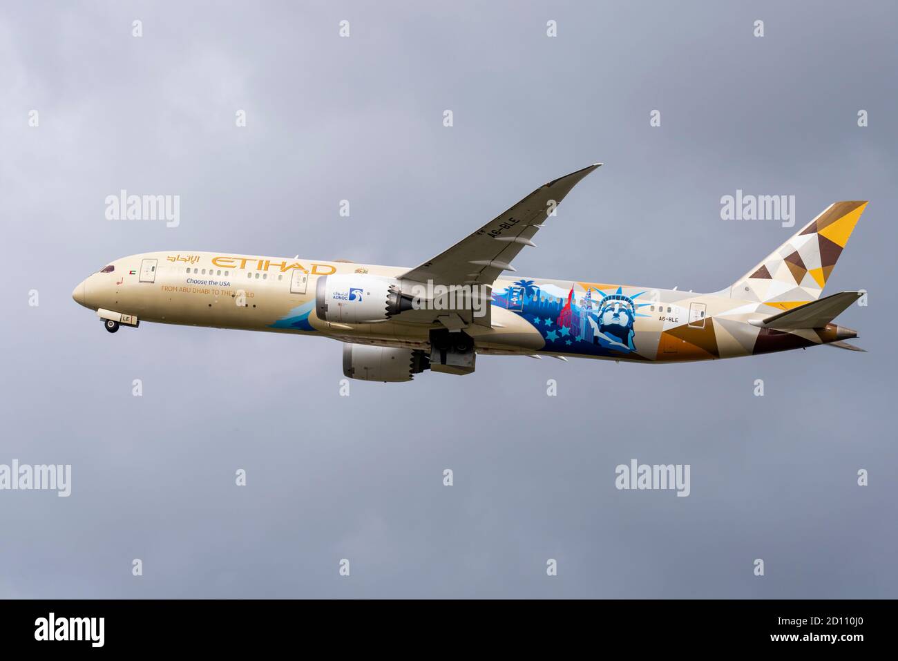 Etihad Boeing 787 -9 Dreamliner jet airliner plane taking off in bad ...