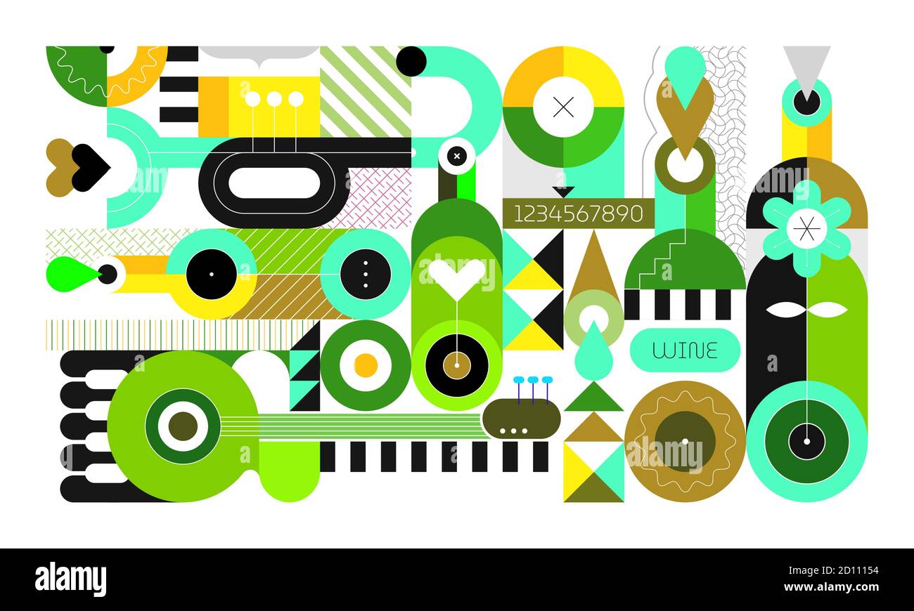 Love, Wine and Music. Abstract art design of wine bottles and music ...