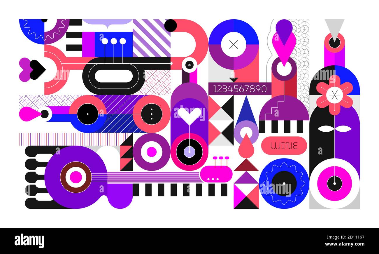 Love, Wine and Music. Abstract art design of wine bottles and music ...