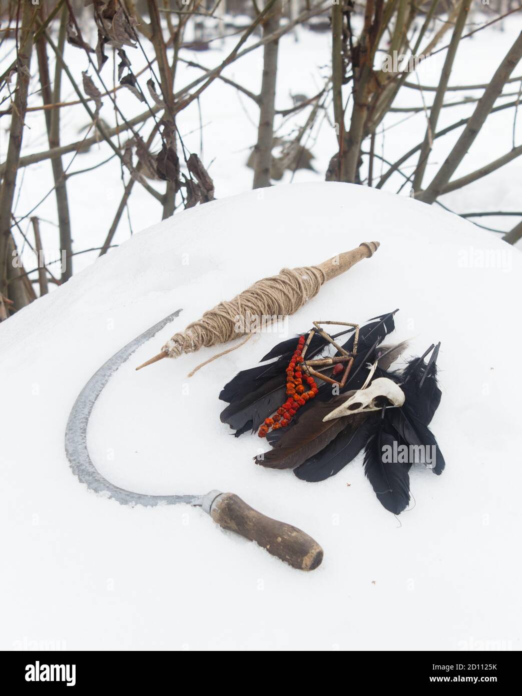 Spindle, crow feathers, bird skull and rowan beads and sickle in the ...