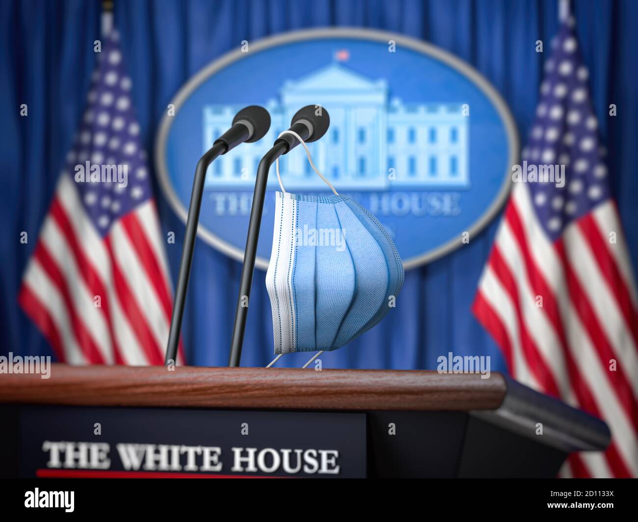 Mask on microphone in White House. Coronavirus COVID 19 of president of ...