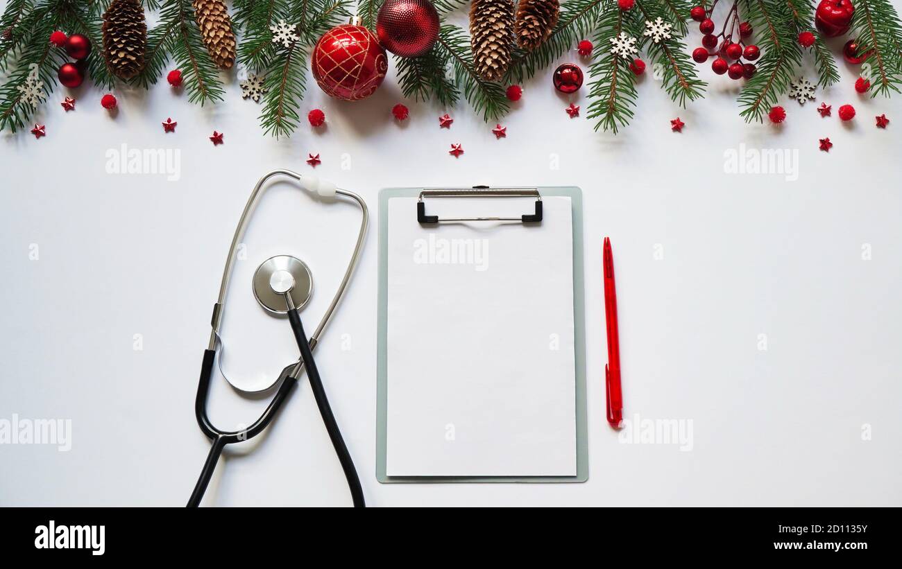 Christmas medical banner fir branches, cones, red balls, snowflakes ...
