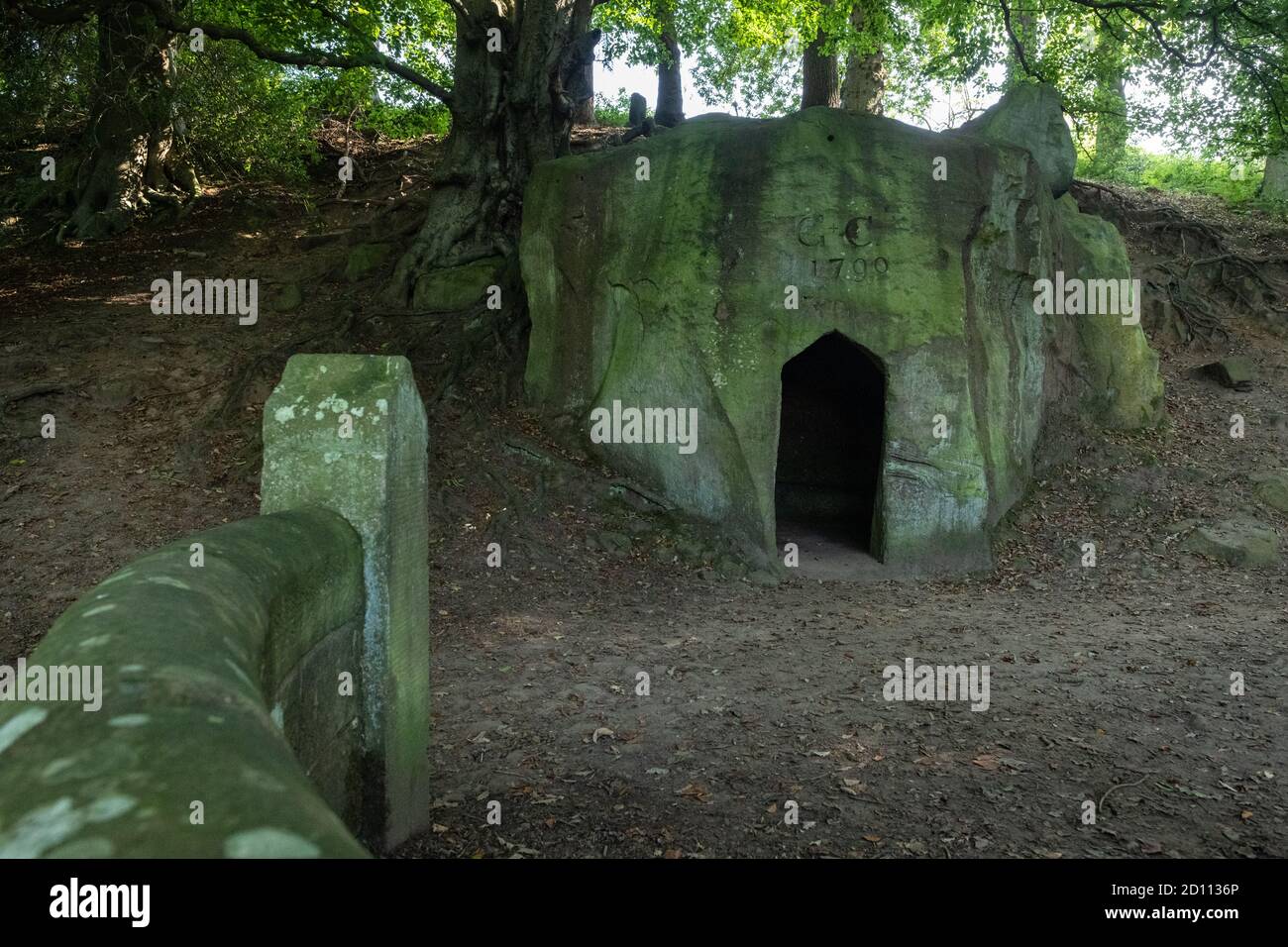 The Hermitage folly carved from a single boulder, Little Beck Wood ...