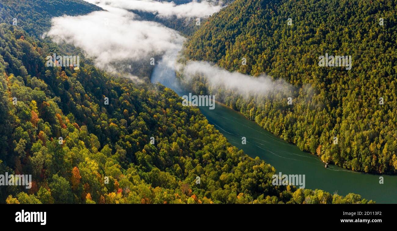 Aerial drone image of the Cheat River flowing through narrow wooded ...