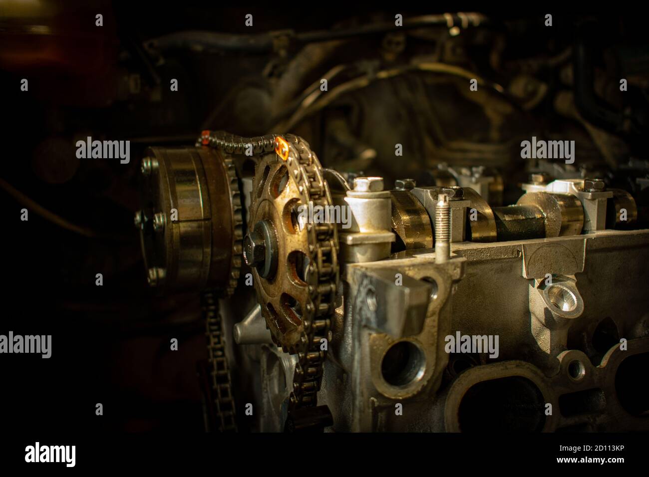 car engine insides chains with main engine in open close up view ...