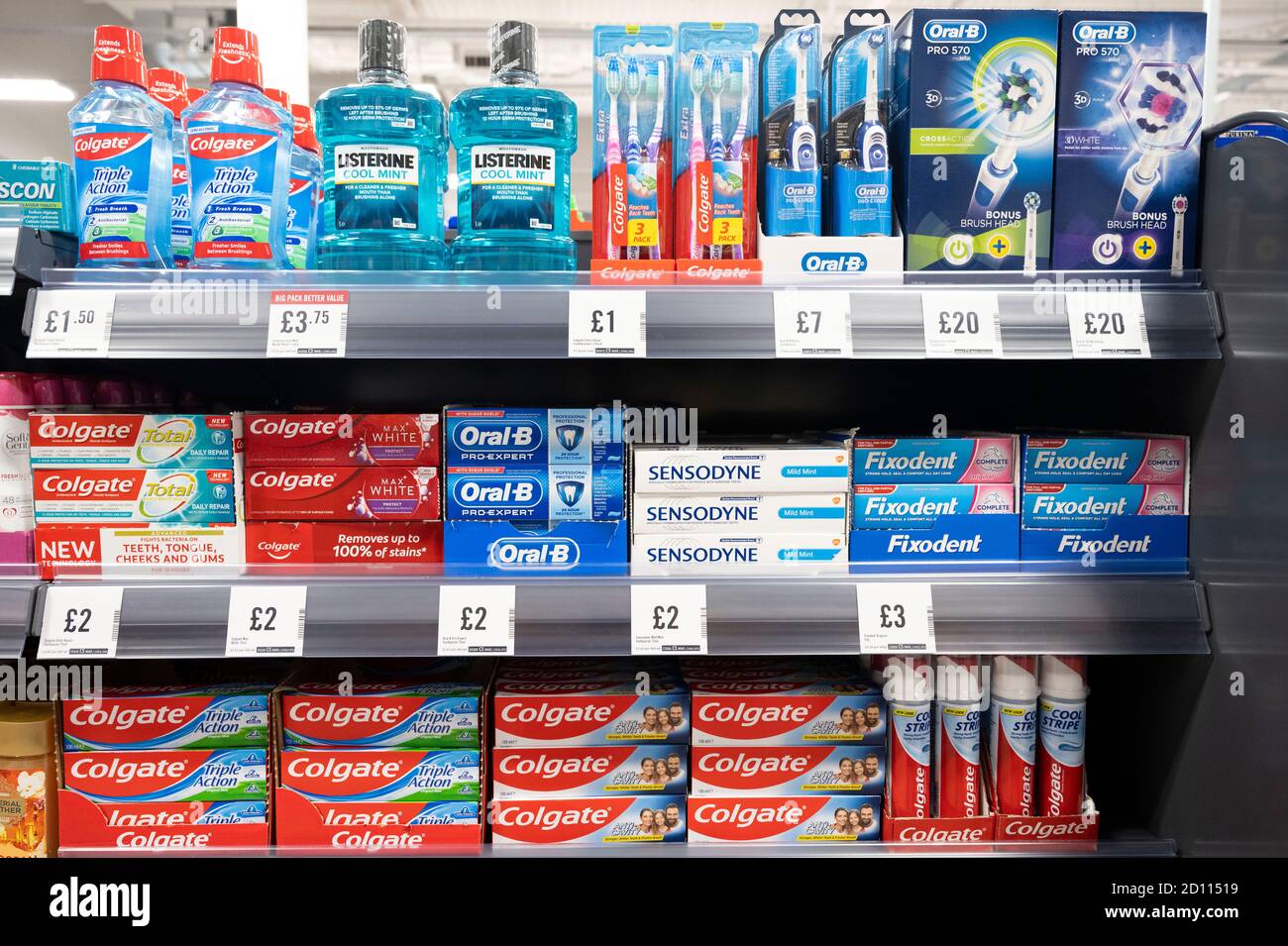 Toothpaste, mouthwash and toothbrushes on sale in a supermarket in ...