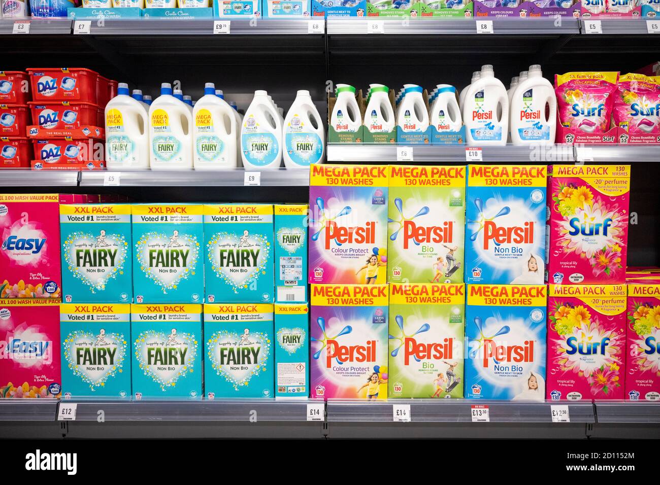 Boxes of Persil, Surf and Fair washing powder on sale in a supermarket ...