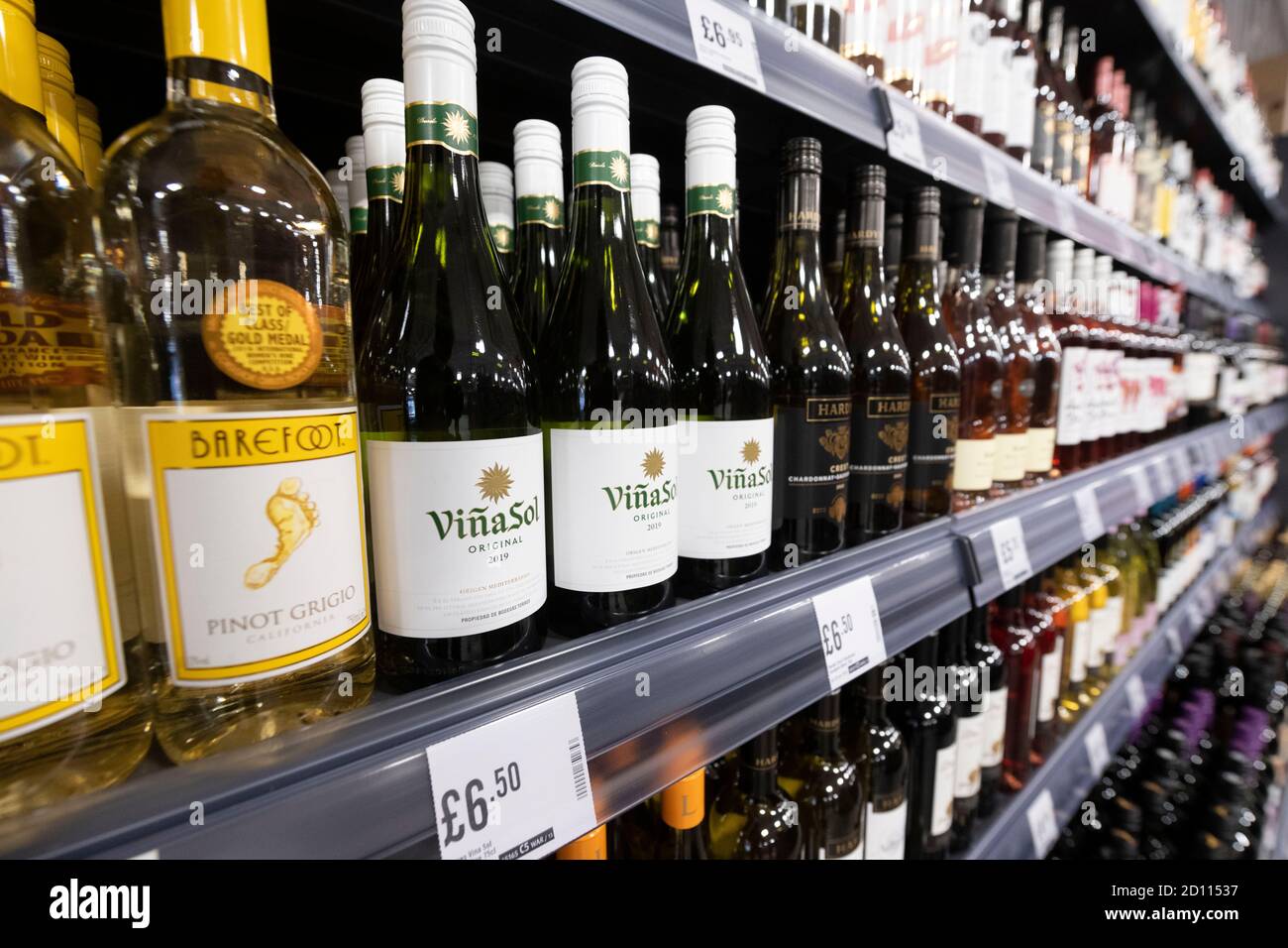 Bottles of wine on sale in a supermarket in Cardiff, Wales, United ...