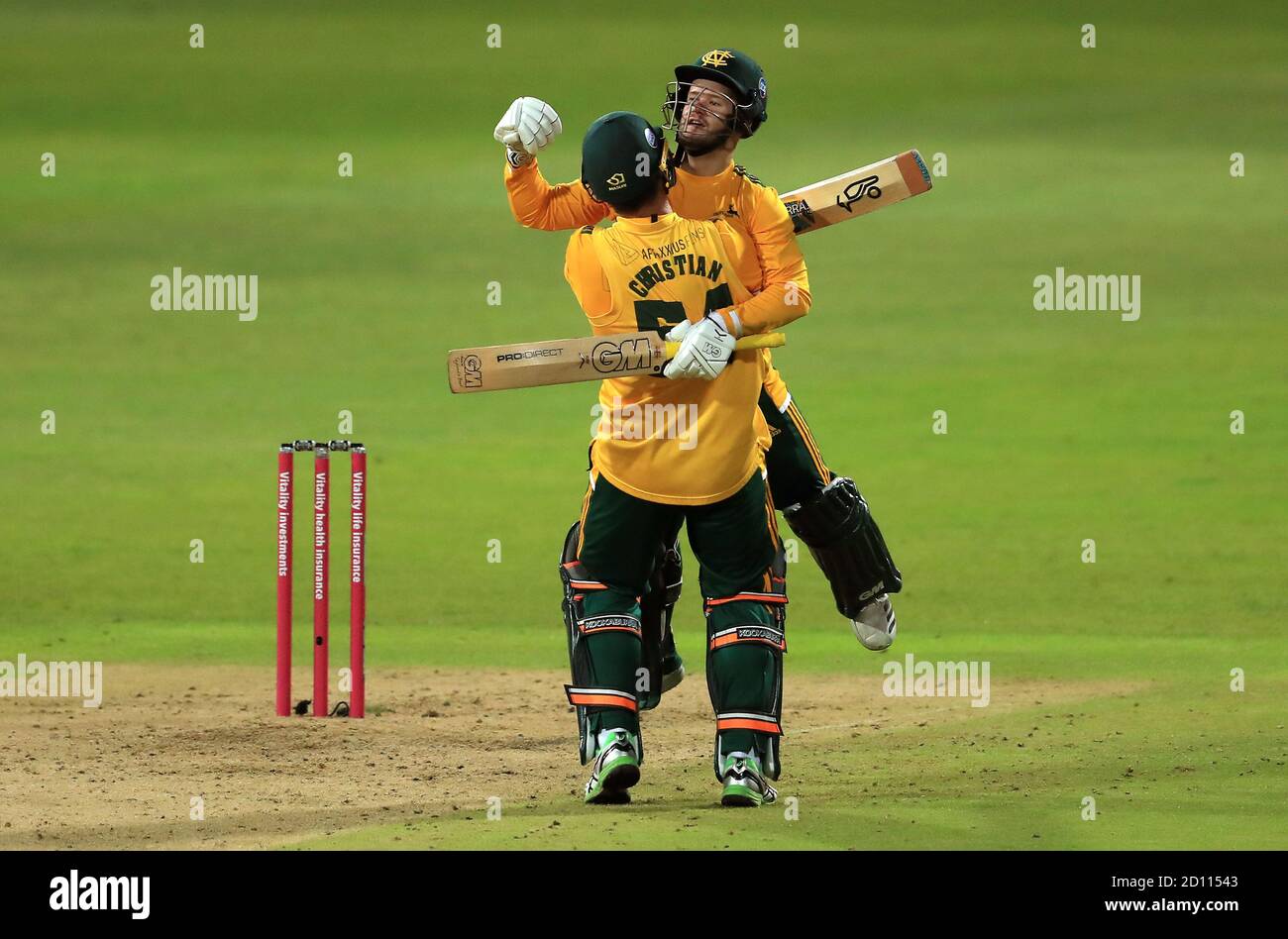 Notts Outlaw's Daniel Christian (left) and Ben Duckett celebrate ...