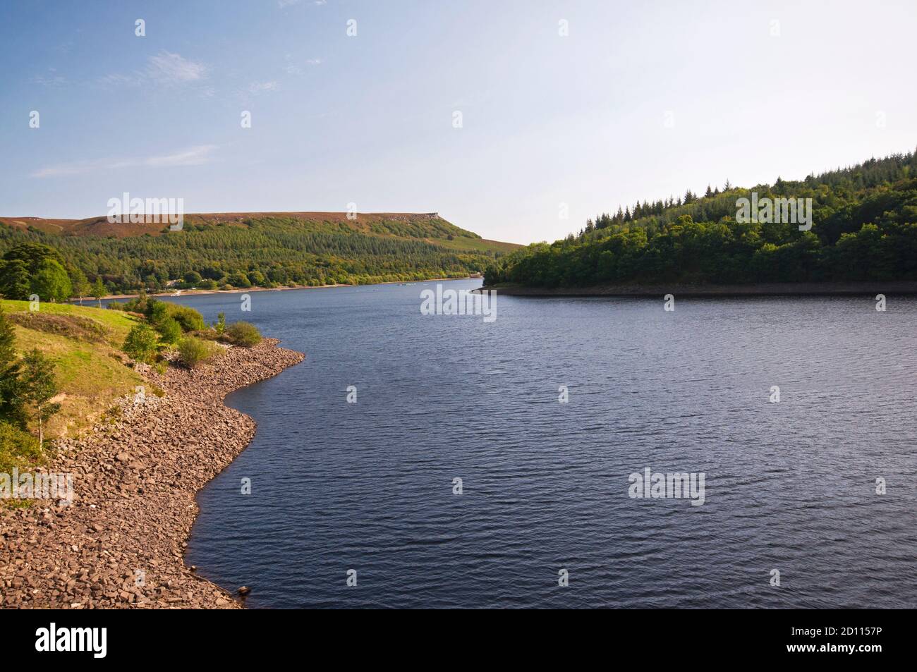 Ladybower Reservoir with Bamford Edge seen in the distance, late summer ...