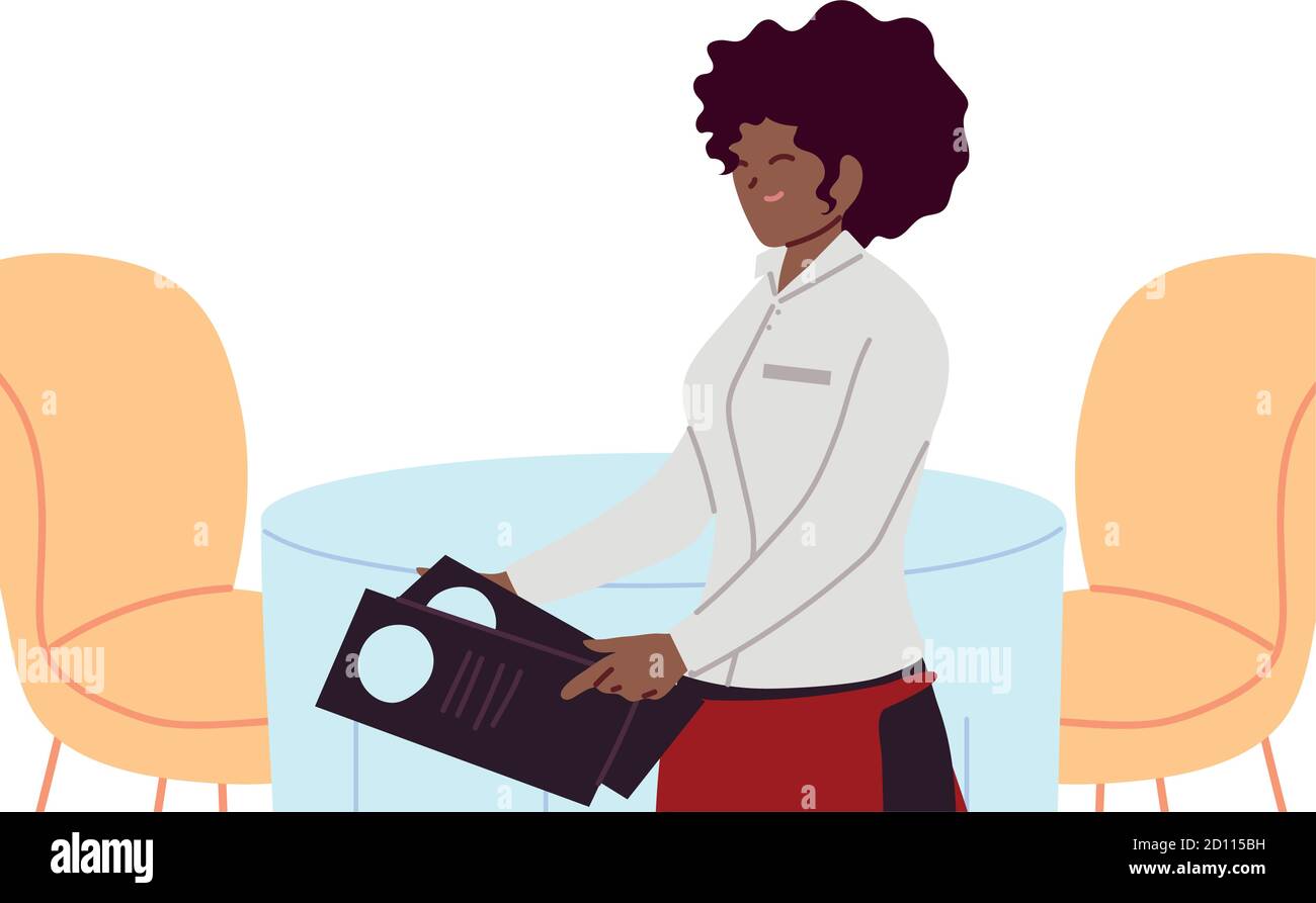 waitress with uniform and menu in hand in the restaurant vector ...