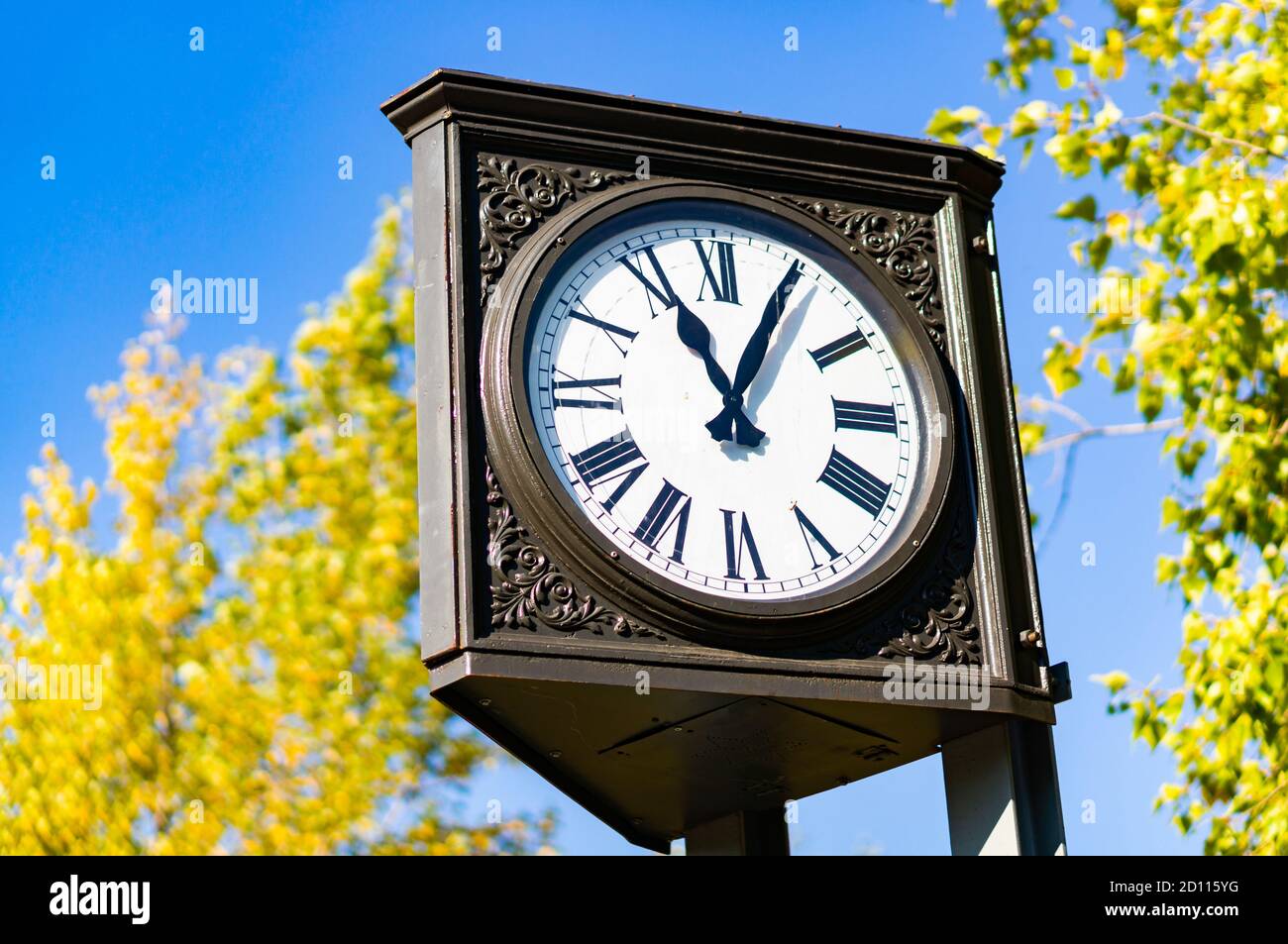 Low angle shot of an outdoor clock on a pipe in a park under the ...