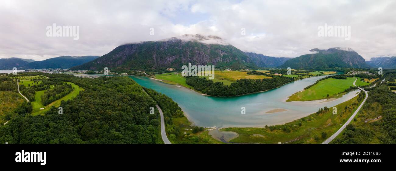 Wonderful aerial drone view of Rauma river, mountains and Andalsnes ...