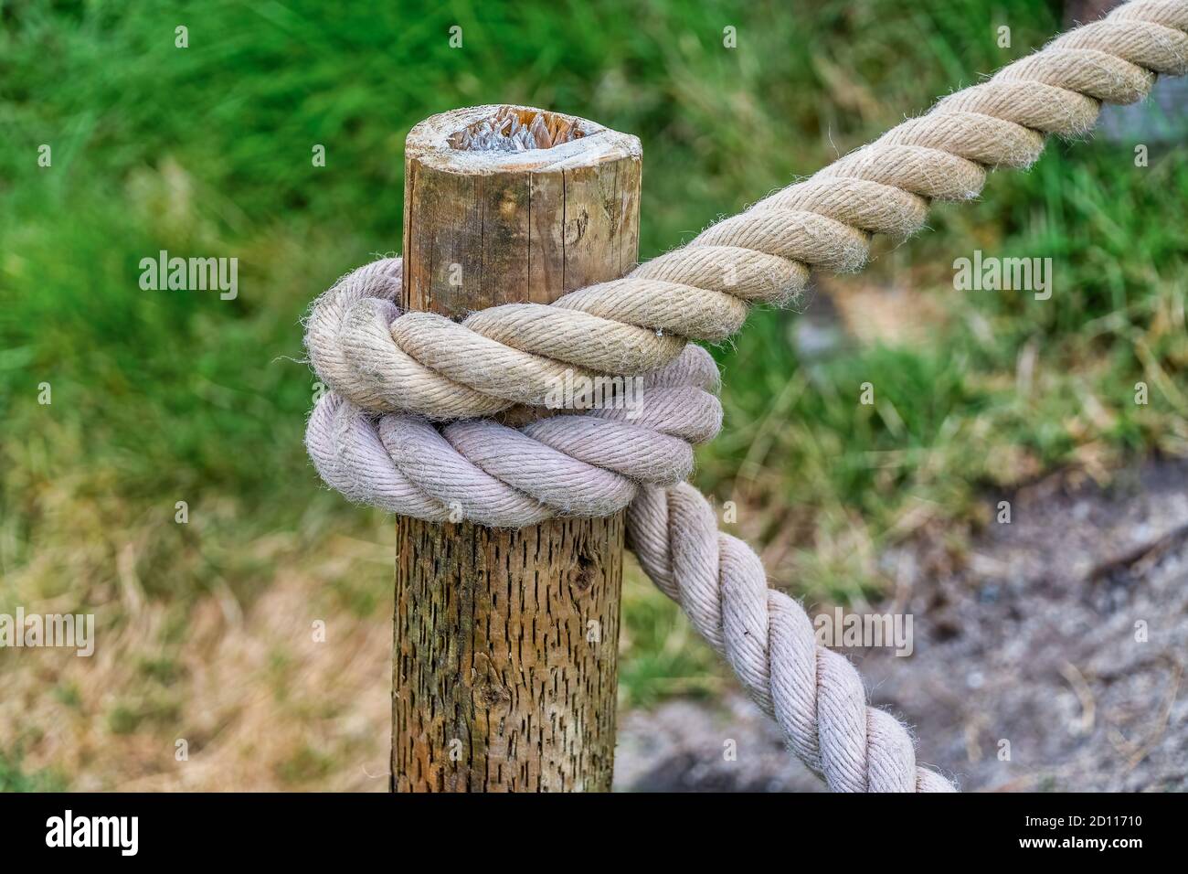 Thick rope which is tied around a wooden pole Stock Photo - Alamy