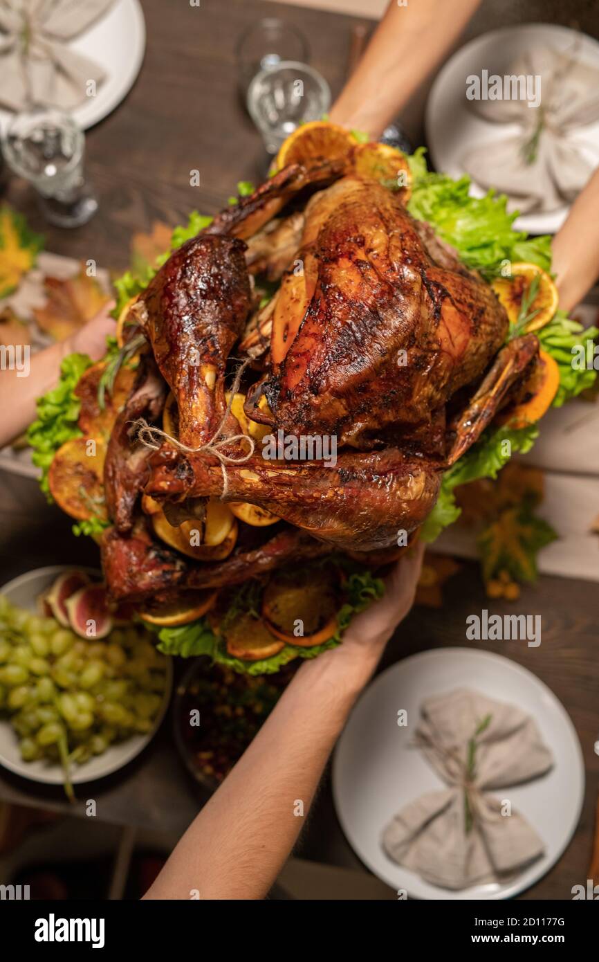 Top view of hands of female passing roasted turkey to her husband or ...