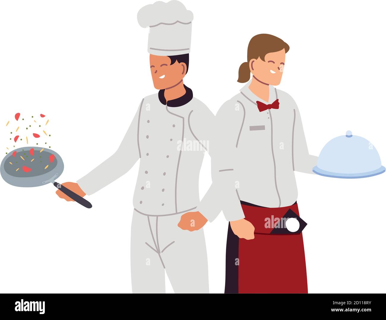 man chef cooking and waiter with tray for food vector illustration ...