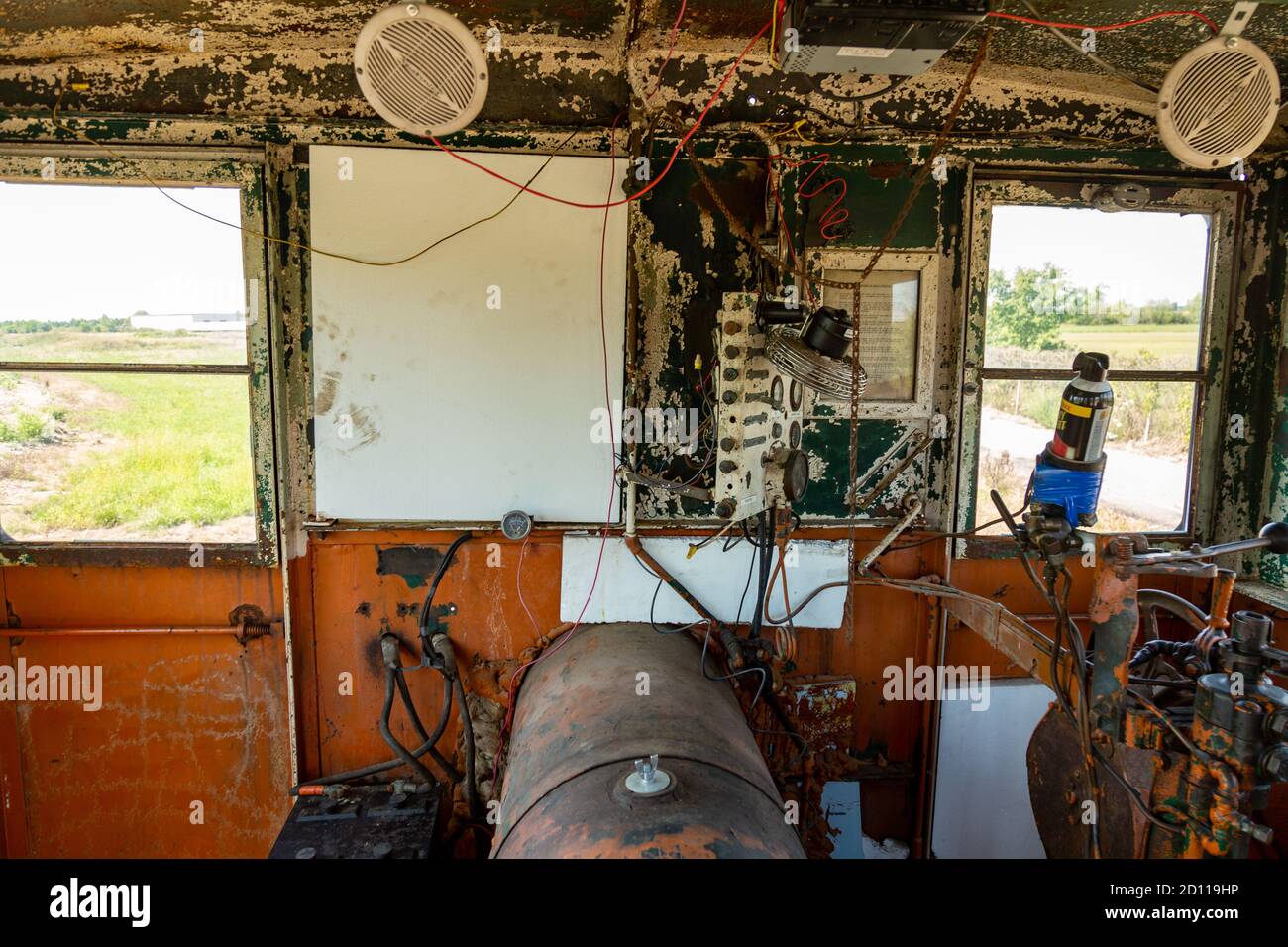 The dilapidated interior of a neglected Plymouth switch engine ...