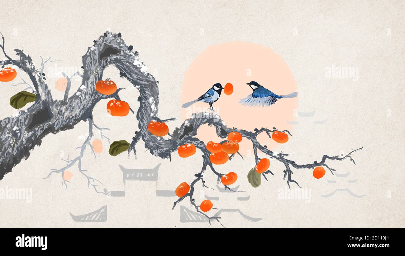 Chinese style ink painting of persimmon Stock Photo - Alamy