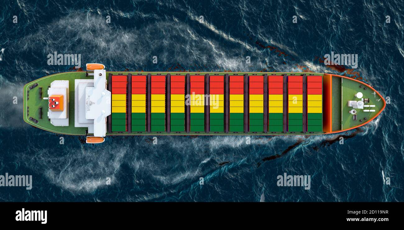 Freighter ship with Bolivian cargo containers sailing in ocean, 3D ...