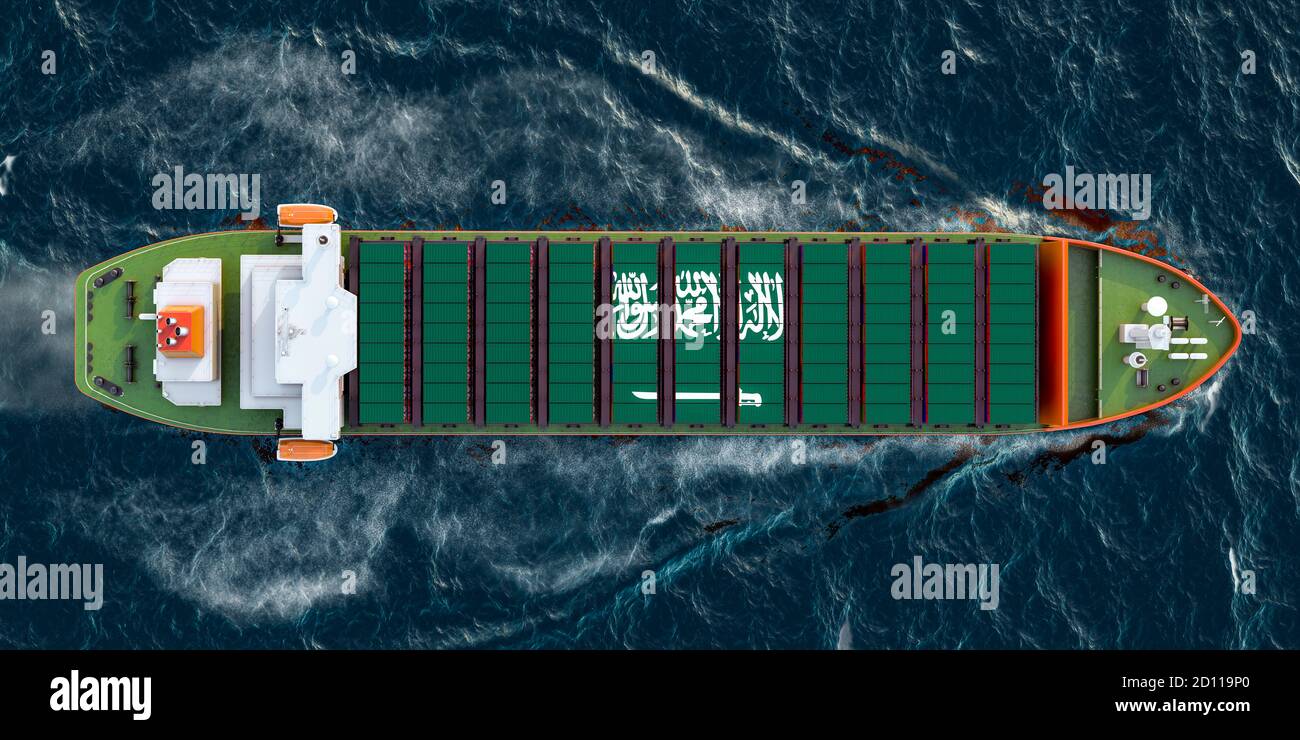 Freighter ship with Saudi Arabian cargo containers sailing in ocean, 3D ...