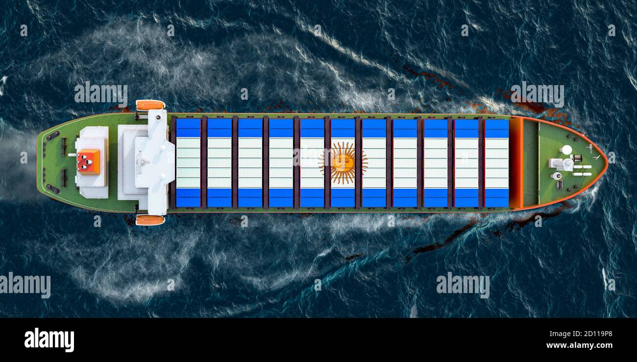 Freighter ship with Argentinean cargo containers sailing in ocean, 3D ...