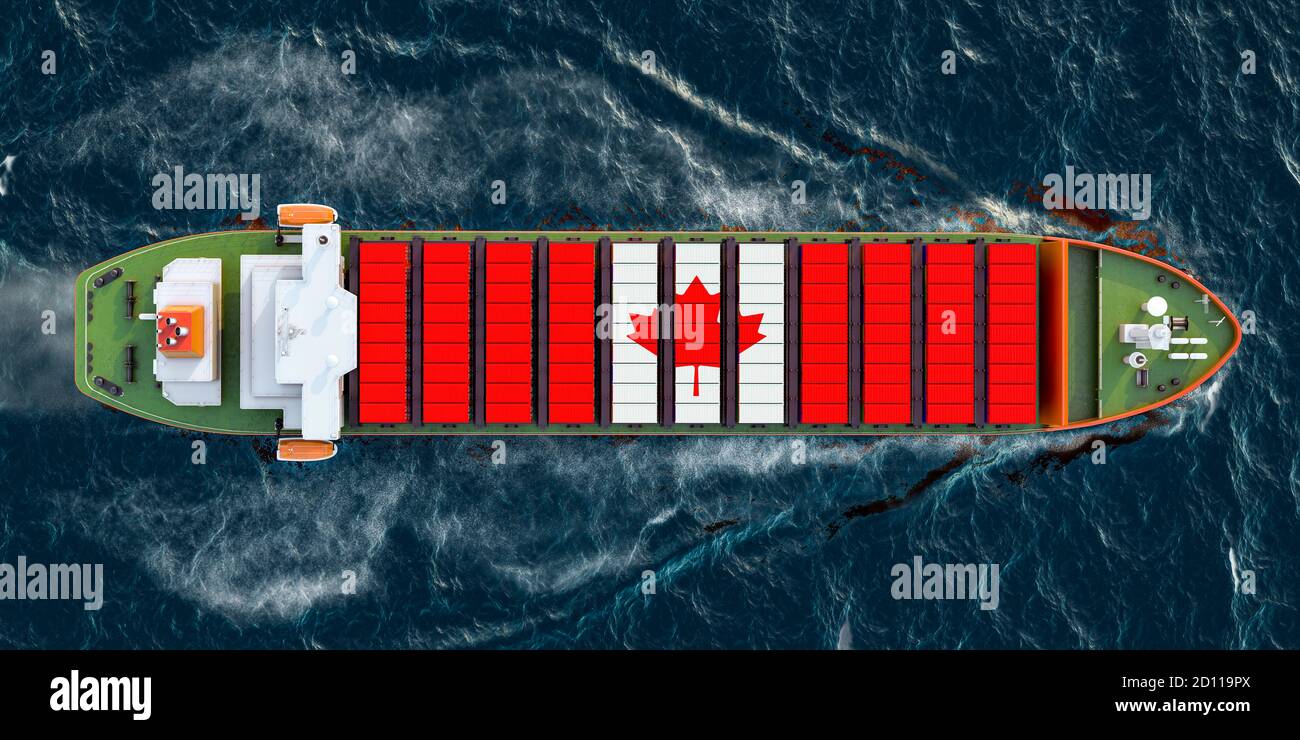 Freighter ship with Canadian cargo containers sailing in ocean, 3D ...