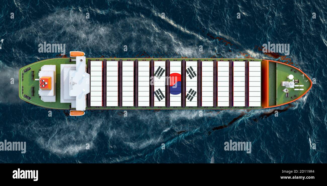 Freighter ship with South Korean cargo containers sailing in ocean, 3D ...