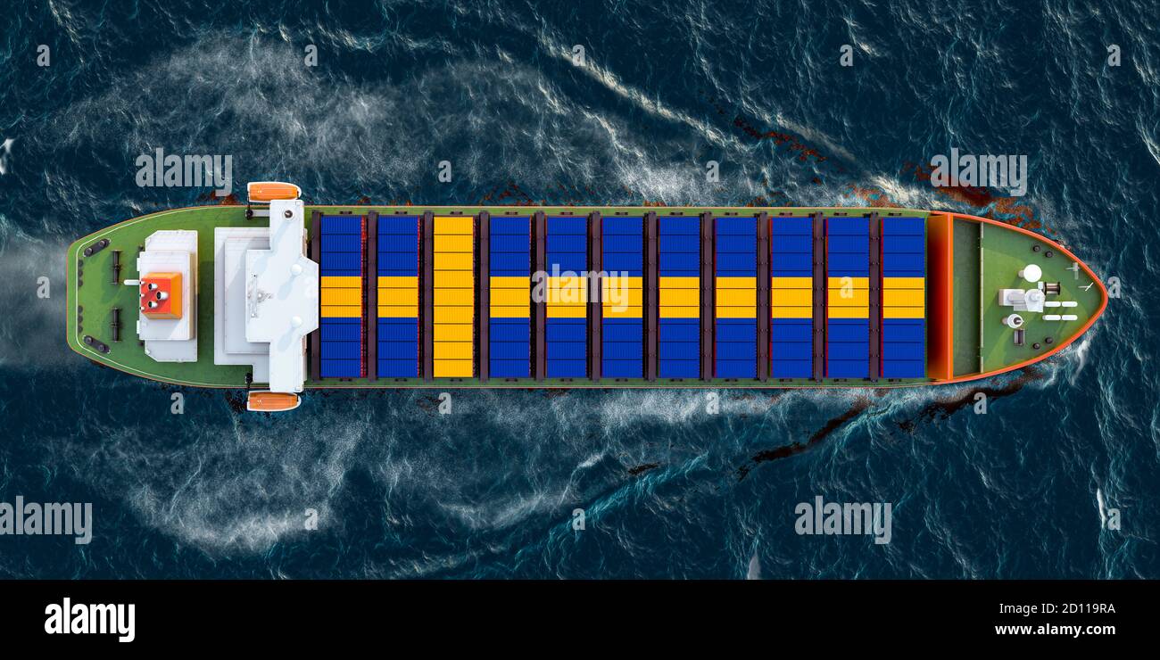 Freighter ship with Swedish cargo containers sailing in ocean, 3D ...