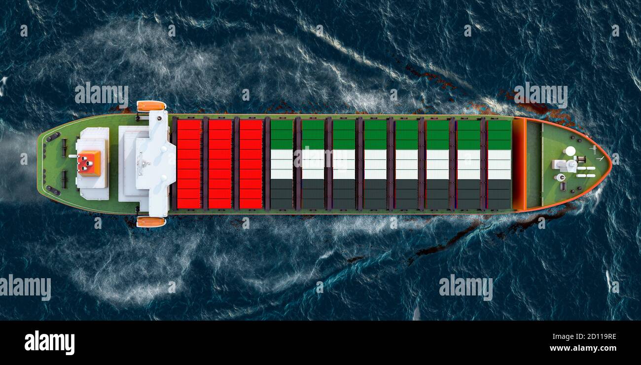Freighter ship with the United Arab Emirates cargo containers sailing ...