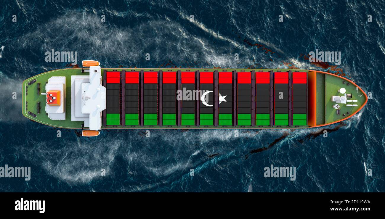 Freighter ship with Libyan cargo containers sailing in ocean, 3D ...