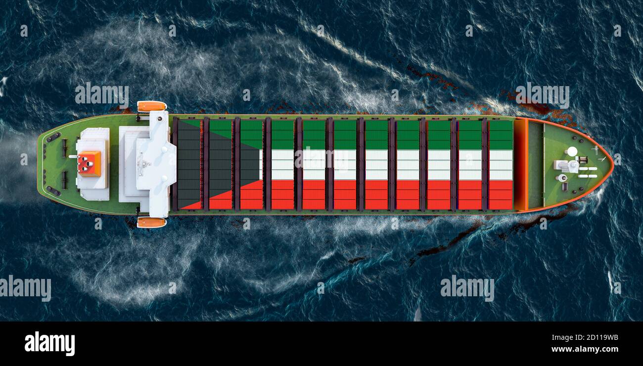 Freighter ship with Kuwait cargo containers sailing in ocean, 3D ...