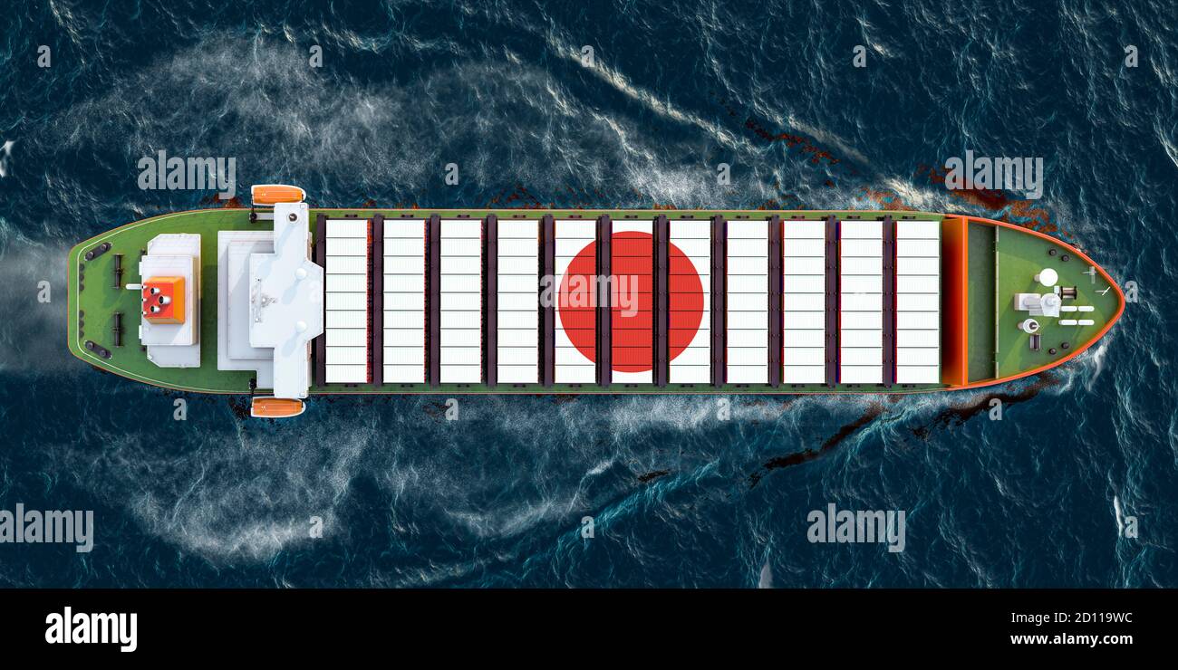 Freighter ship with Japanese cargo containers sailing in ocean, 3D ...