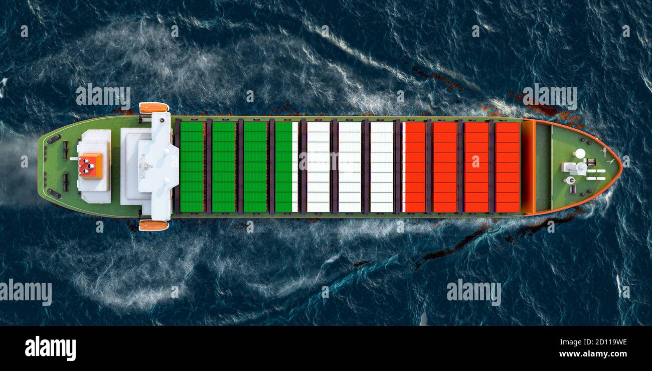 Freighter ship with Irish cargo containers sailing in ocean, 3D ...
